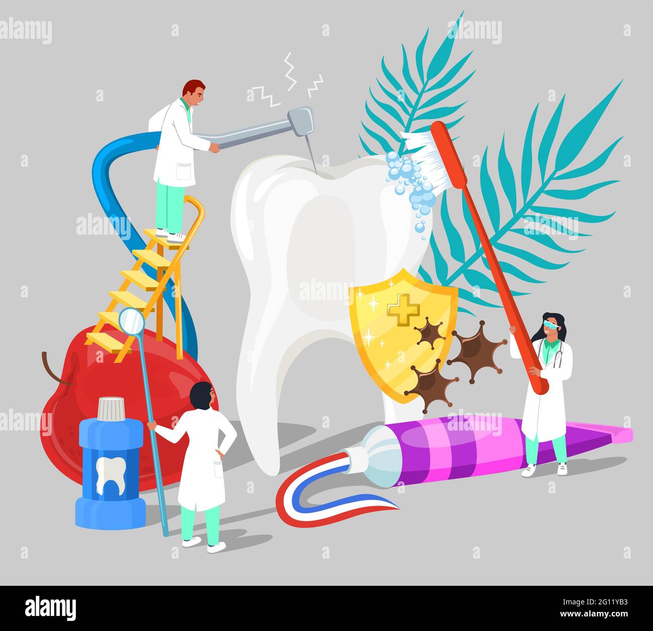 Doctor dentist characters brushing, drilling tooth, flat vector ...