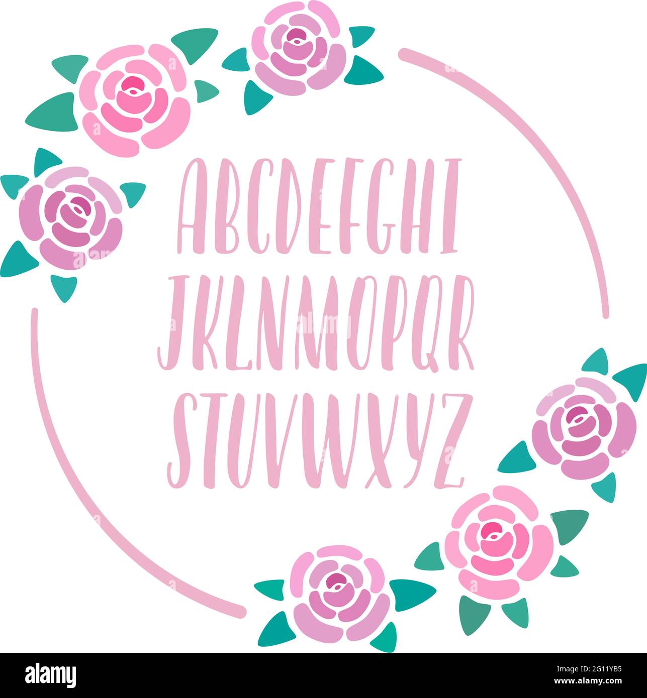 Pink hand-drawn alphabet with roses decoration, modern lettering ...
