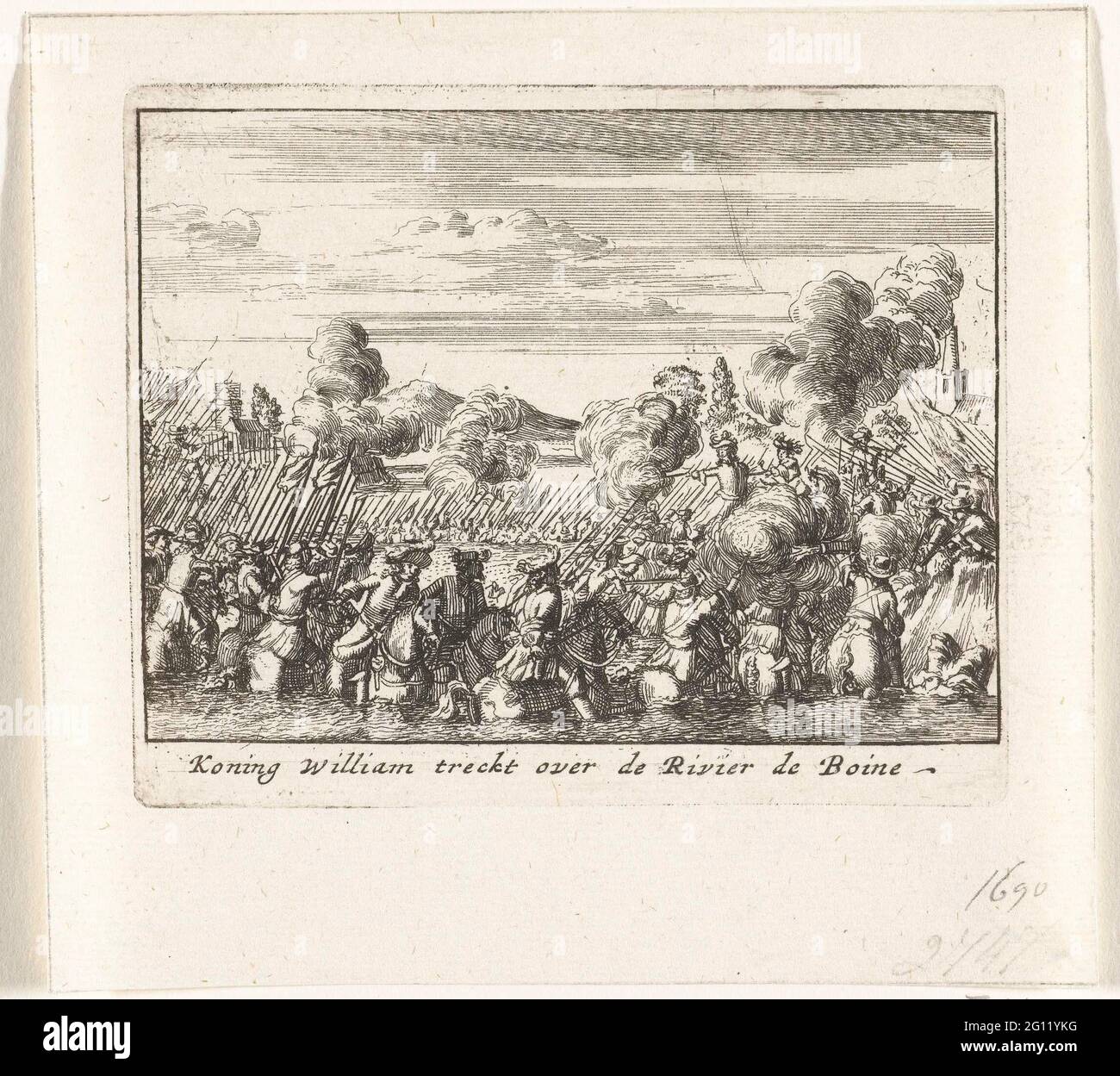 Battle of the Boyne, 1690; King William trumpets over the river Boine ...