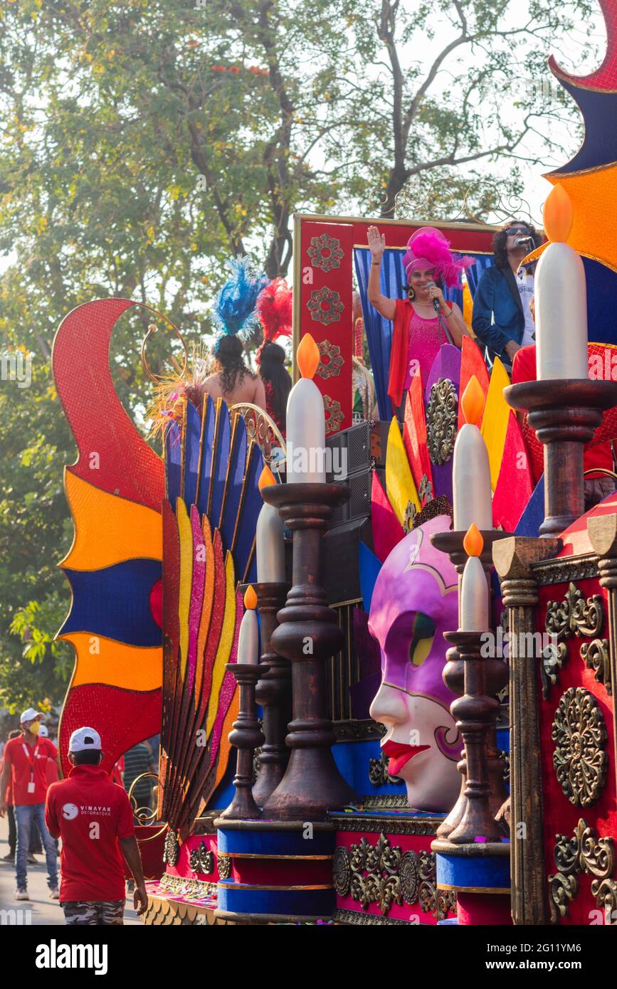 Panaji, Goa, India, Feb 13 2021: Floats and characters on display ...