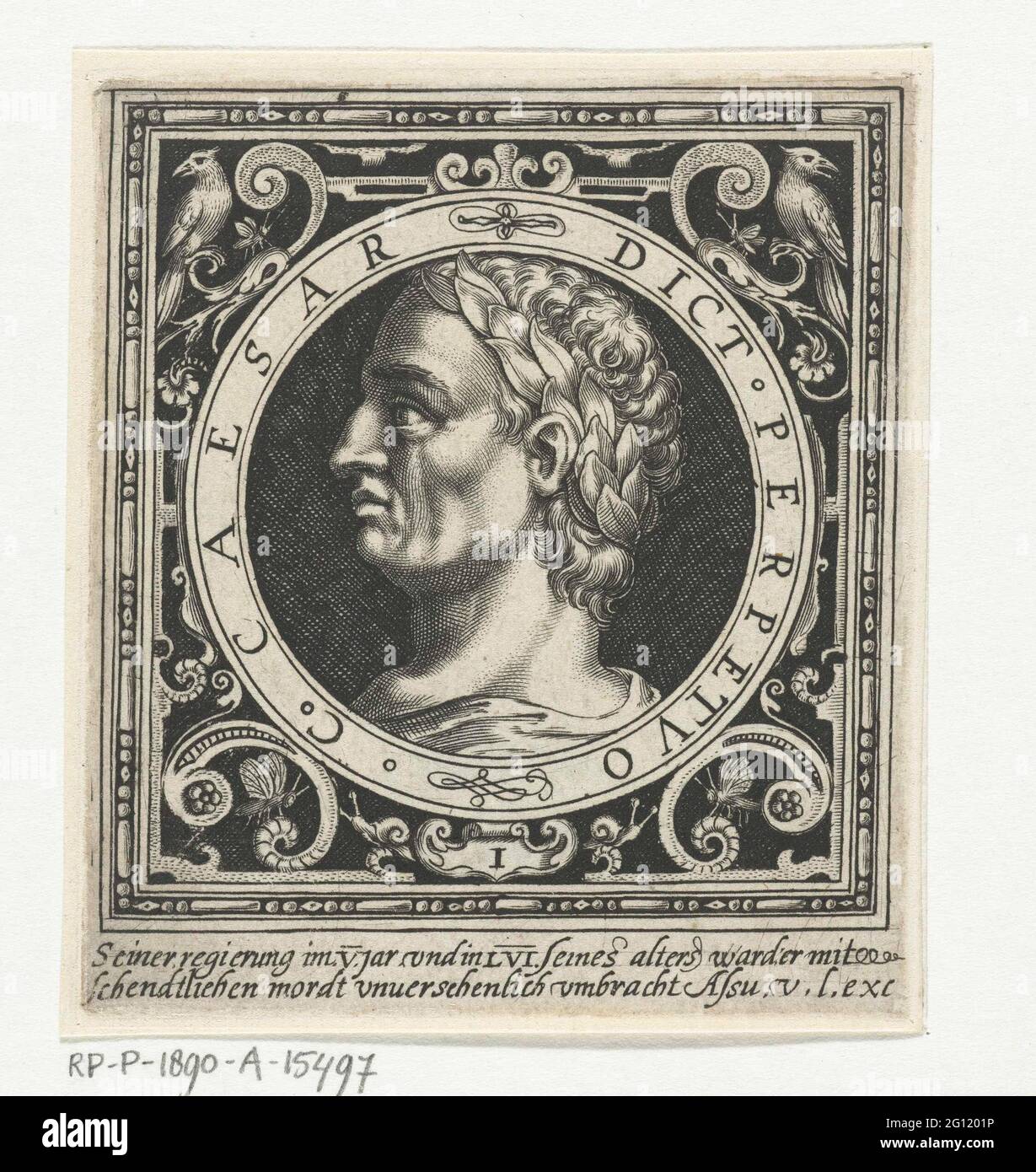 Portrait of Julius Caesar on medallion; Roman emperors. Portrait with ...