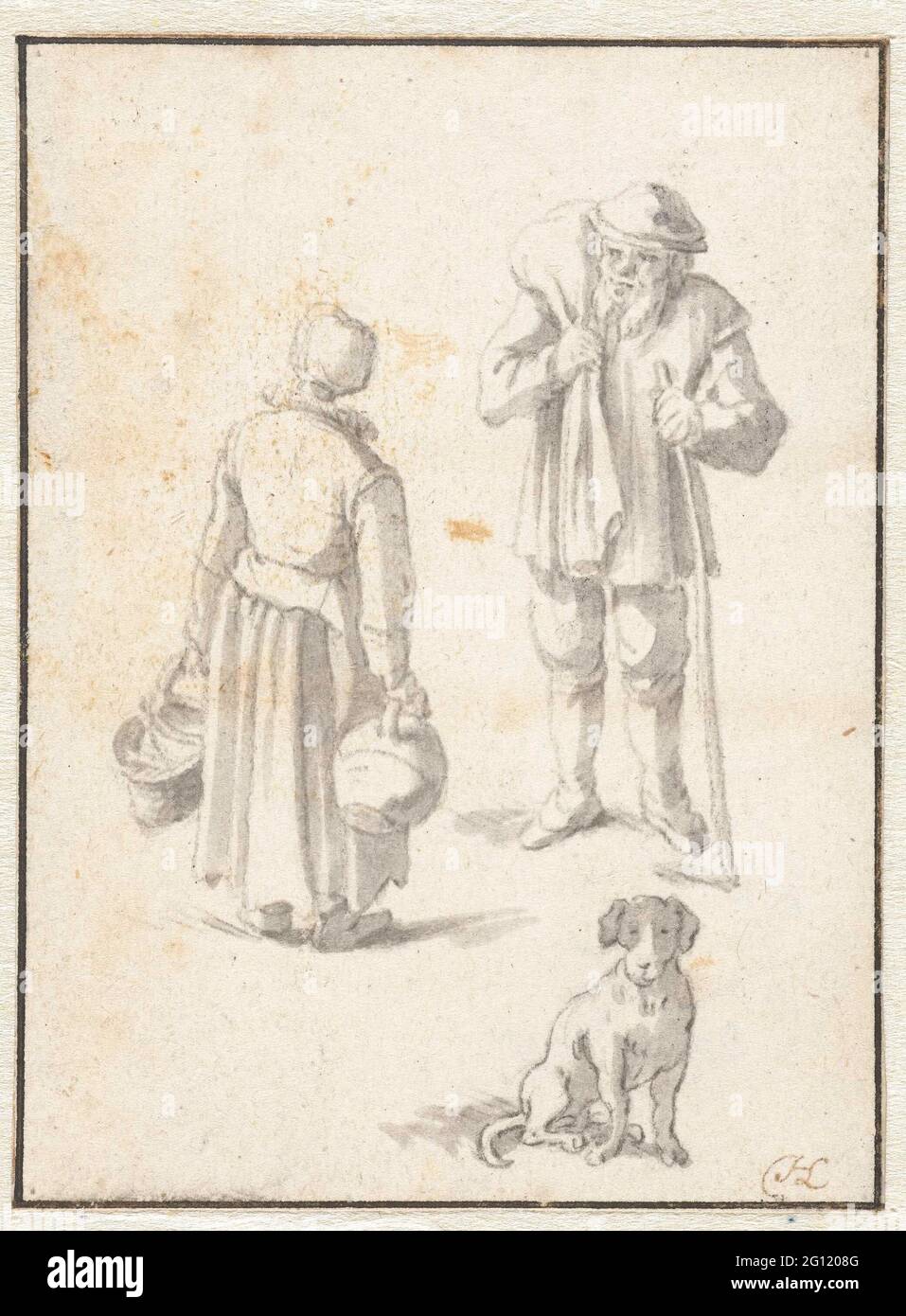 Standing woman, standing man and a dog. Standing woman with jug and ...