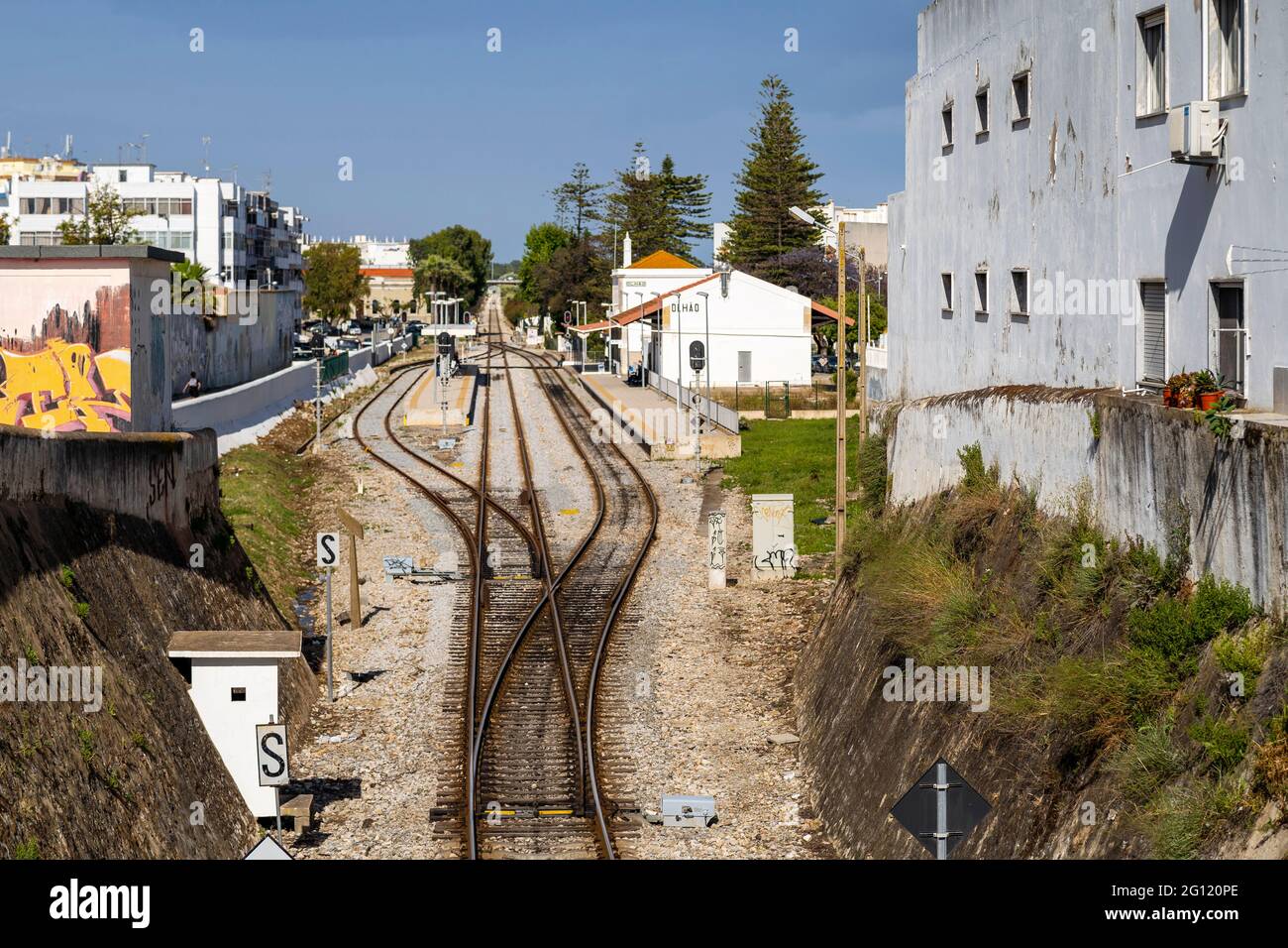 Railroad tracks by the train station in Olhao, Algarve, south of ...