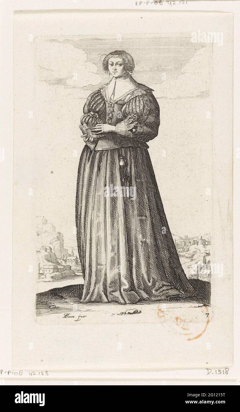 French noble woman with book in hand, dressed according to fashion of ...