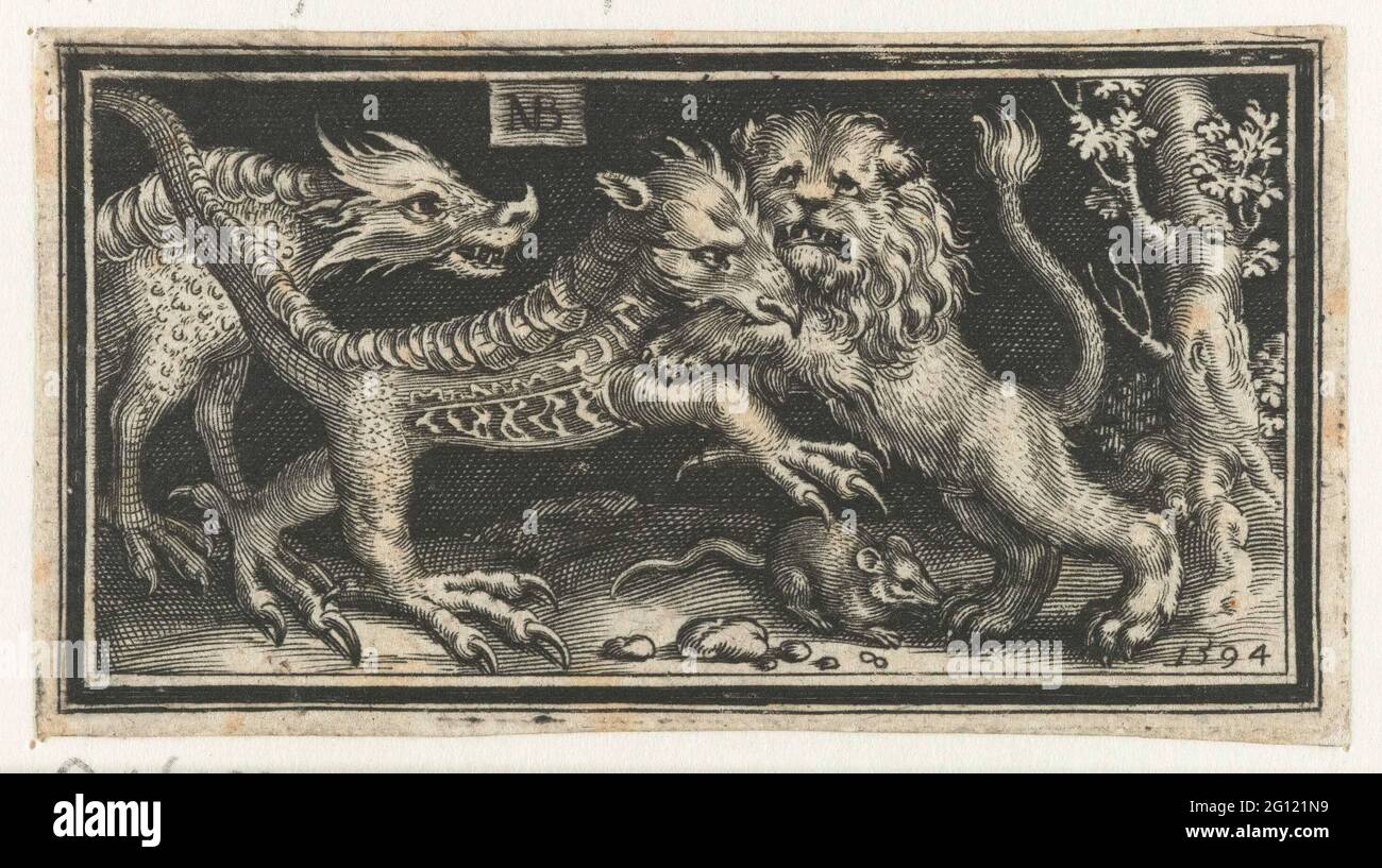 Lion in battle with fantasy statements; Animals from fables; Fighting ...