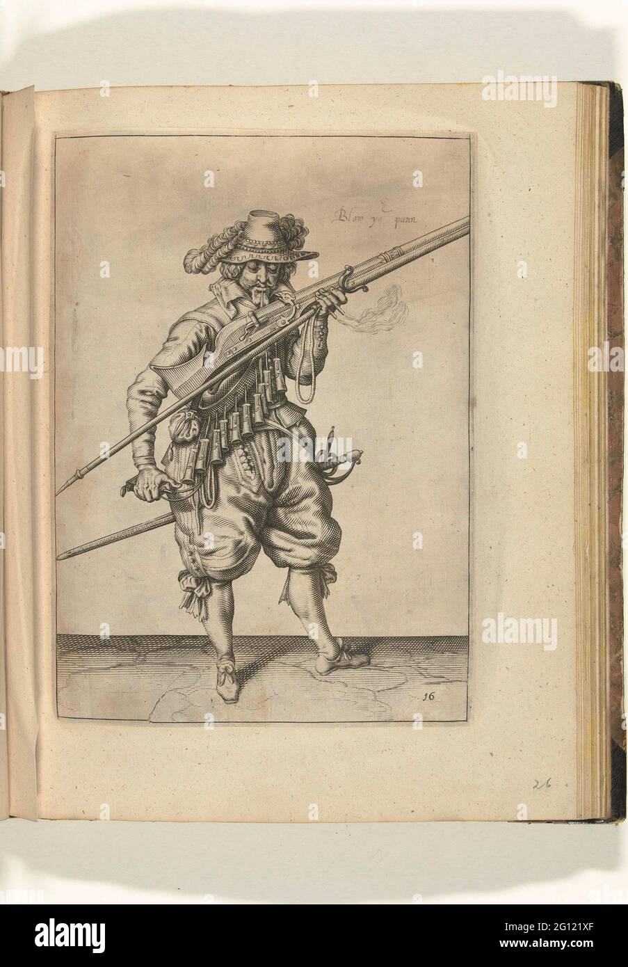 Soldier who blows away from the pan of his musket (no. 16), ca. 1600. a ...