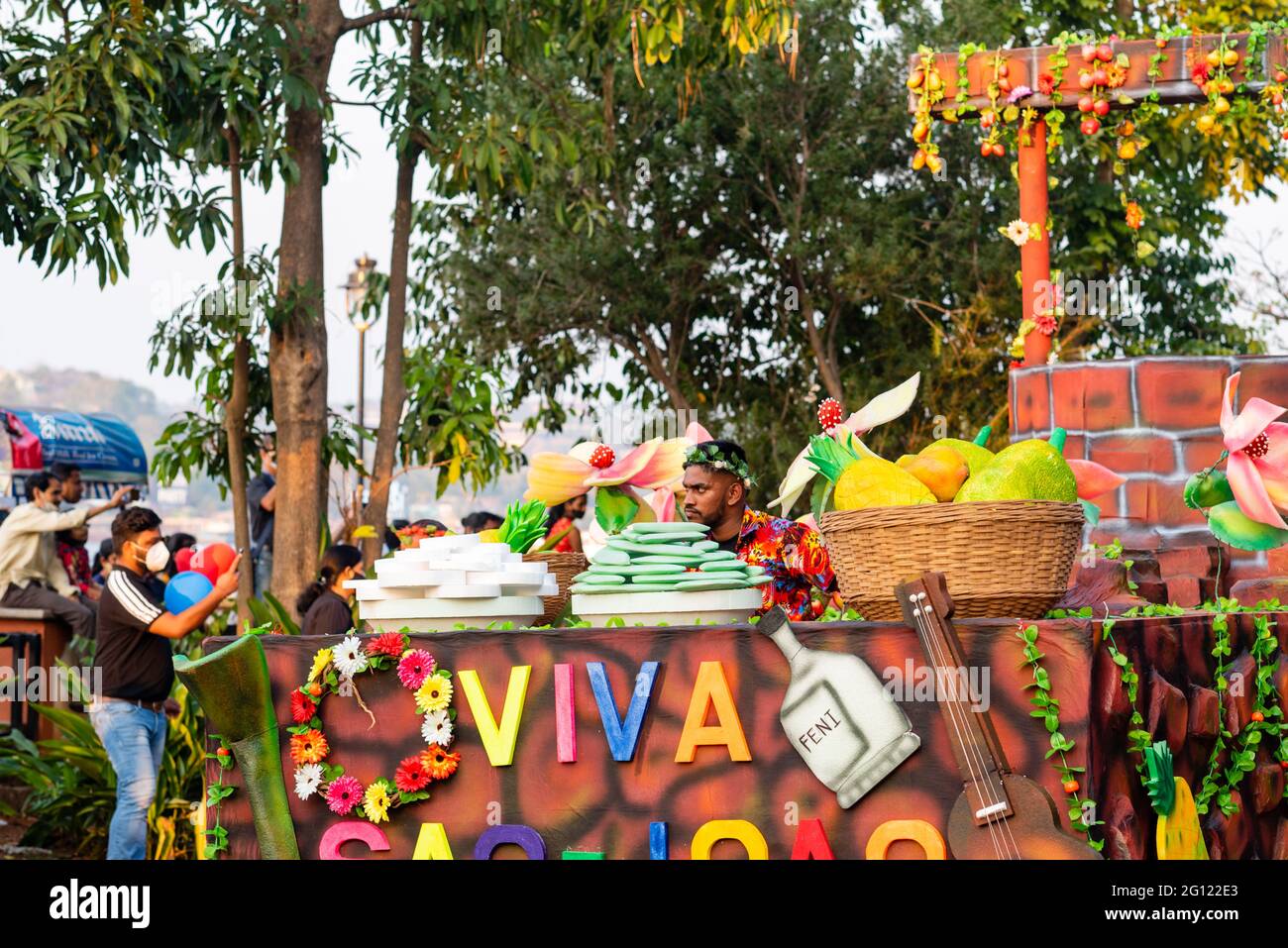 Panaji, Goa, India, Feb 13 2021: Floats and characters on display ...