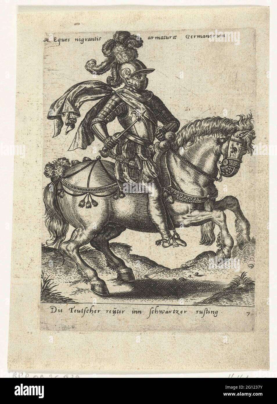 German rider in black harness. Horse and rider to the right. The horse ...