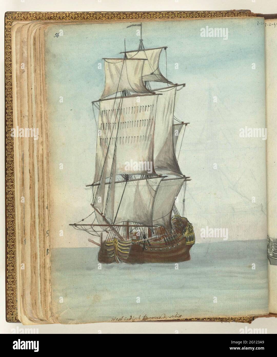 Western Indiëvaarder under sail. Color drawing of a WIC ship of approx ...