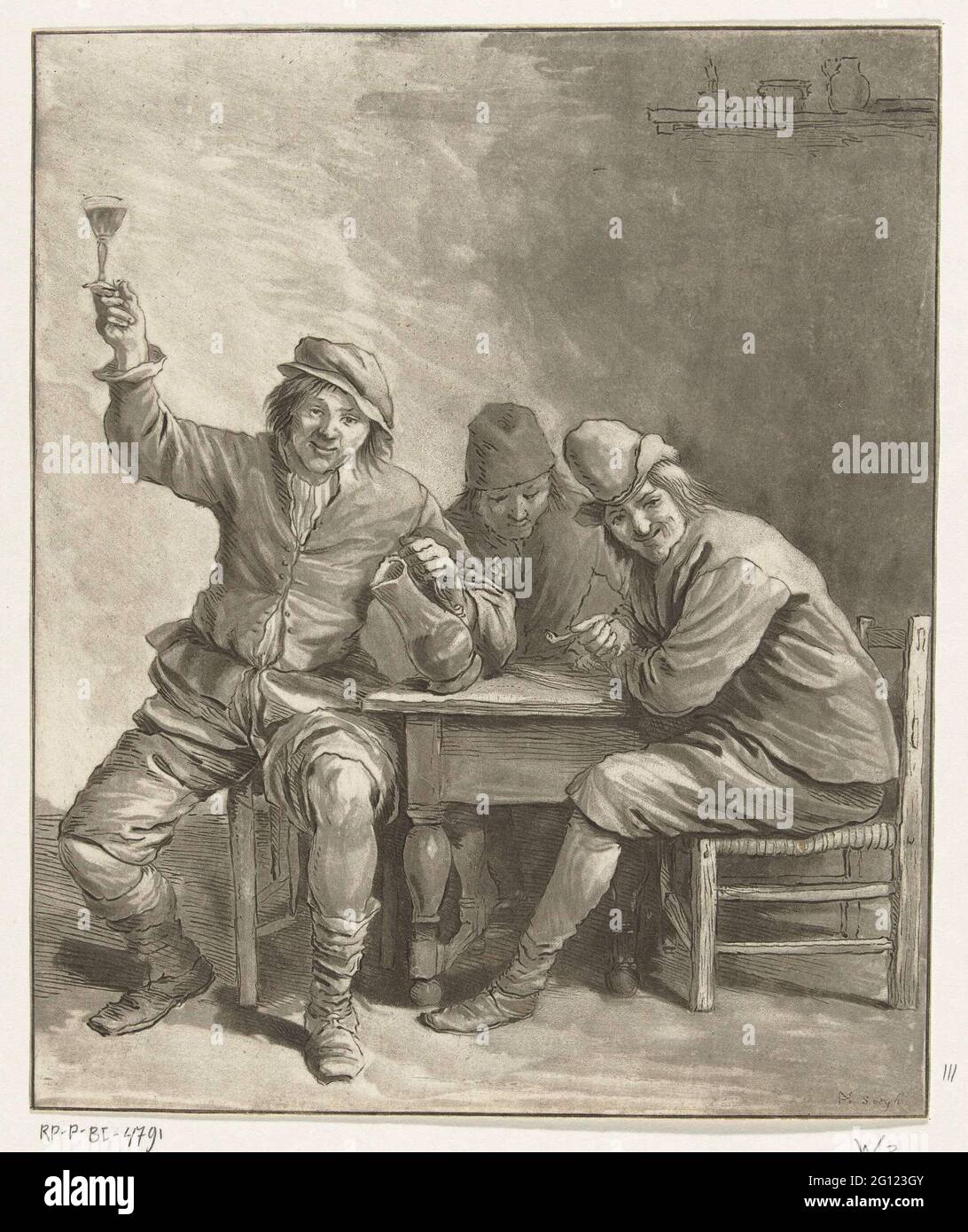 Three men smoking and drinking at the table. Three cheerful men smoking ...