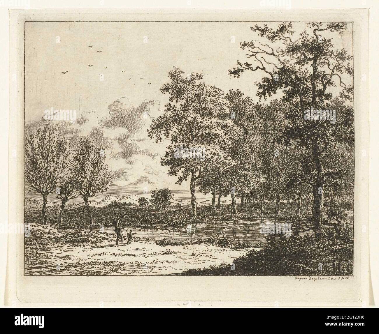 Landscape with a man and a boy at a river Stock Photo - Alamy