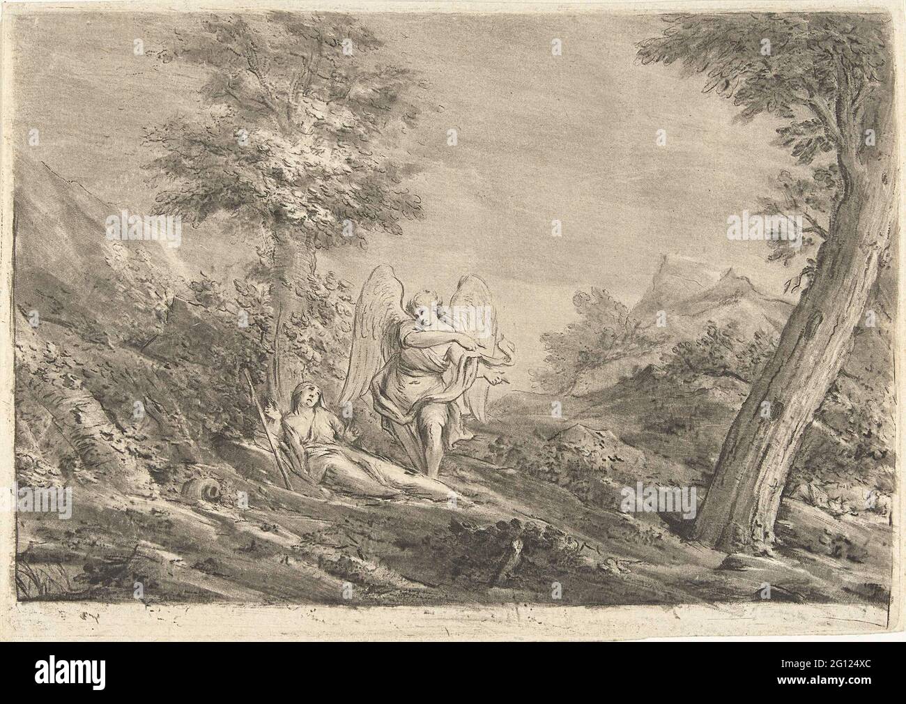 Hagar in the desert. Hagar is on the floor in a mountainous landscape ...