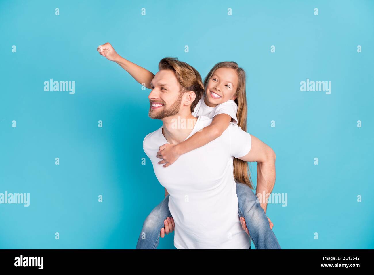 Portrait of handsome guy hold on back funky pupil piggyback look empty ...