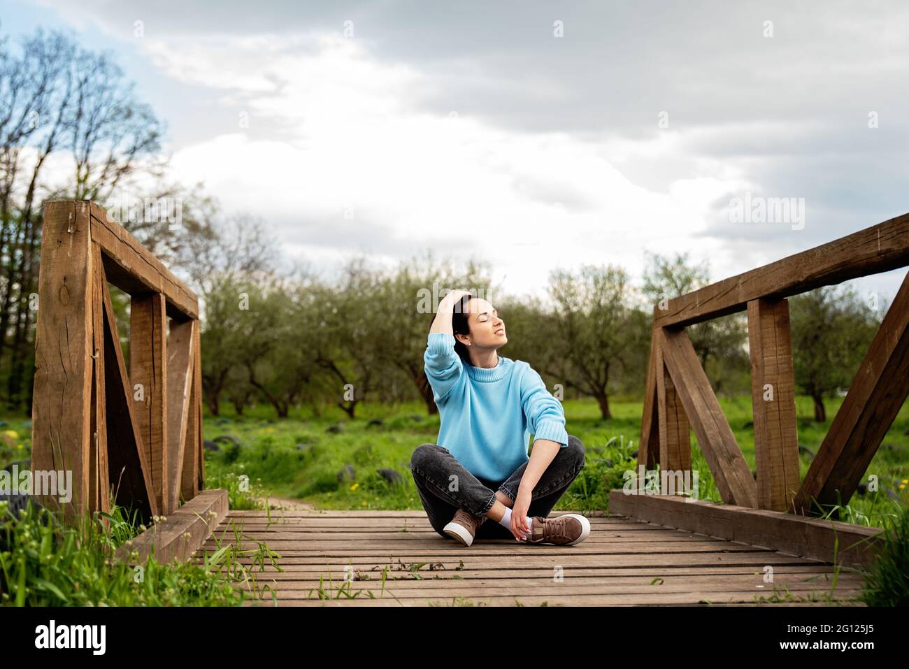 Freedom concept. Enjoyment. Young woman relaxing enjoying fresh air ...