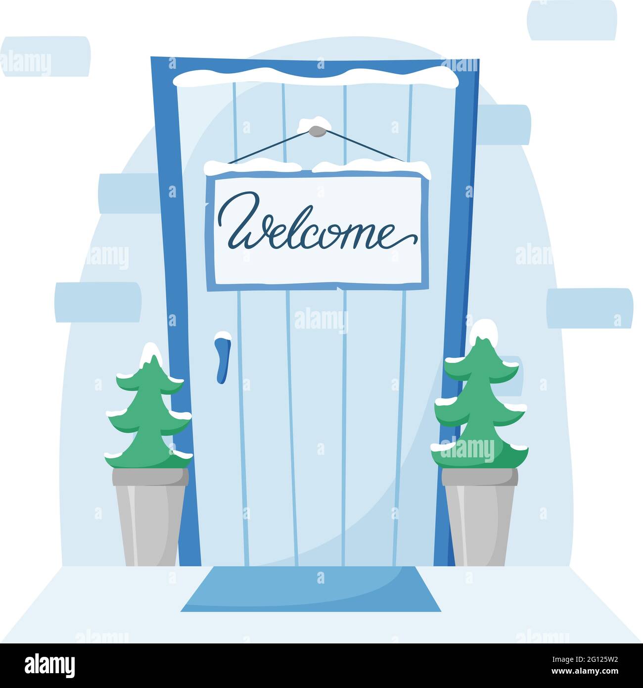 Front door with welcome sign in winter, door with christmas trees in ...