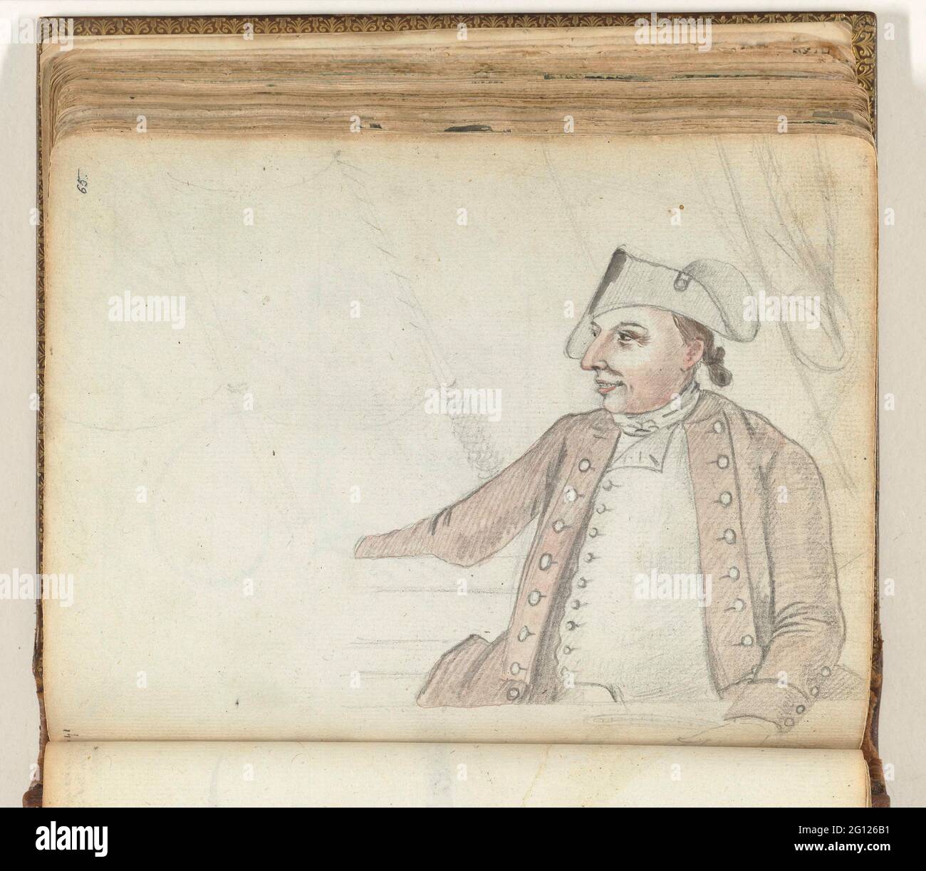 VOC officer on ship. Color drawing of a man in a uniform coat with ...