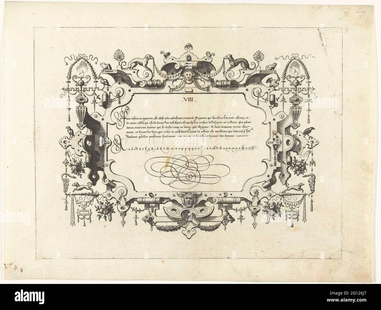 Cartouche with calligraphy, above two dogs; Exercitatio Alphabetics ...