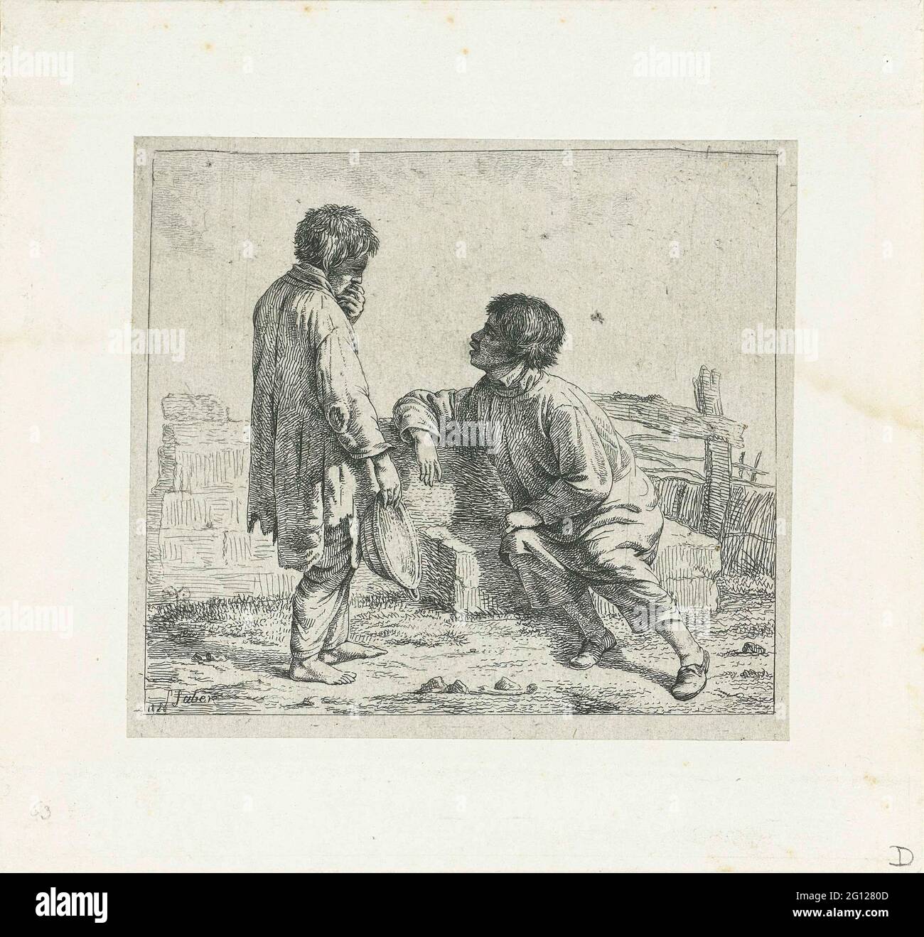 Two talking men. A seated man in conversation with a standing man with ...