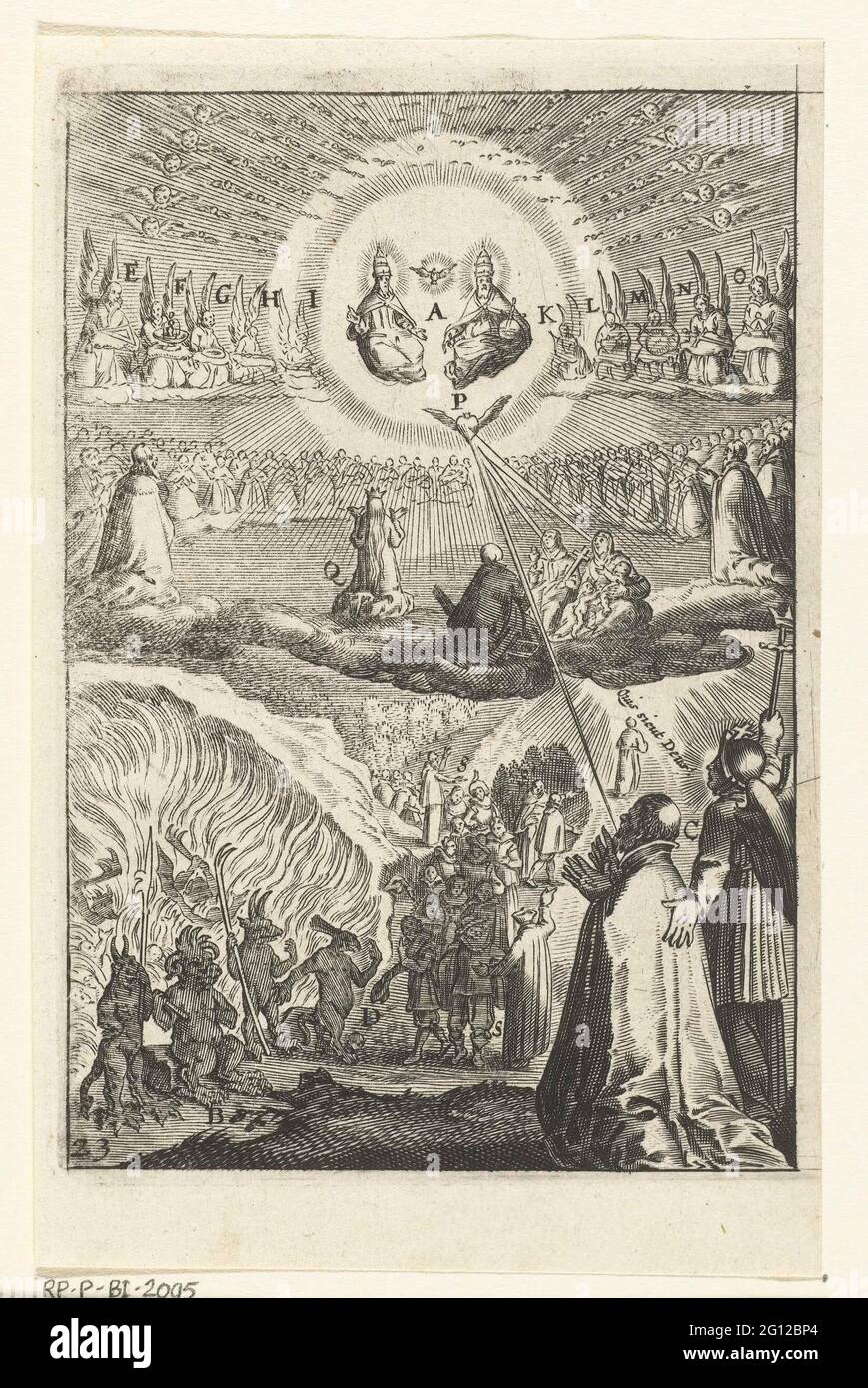 Emblem with man who has to choose if he will serve God or the devil ...