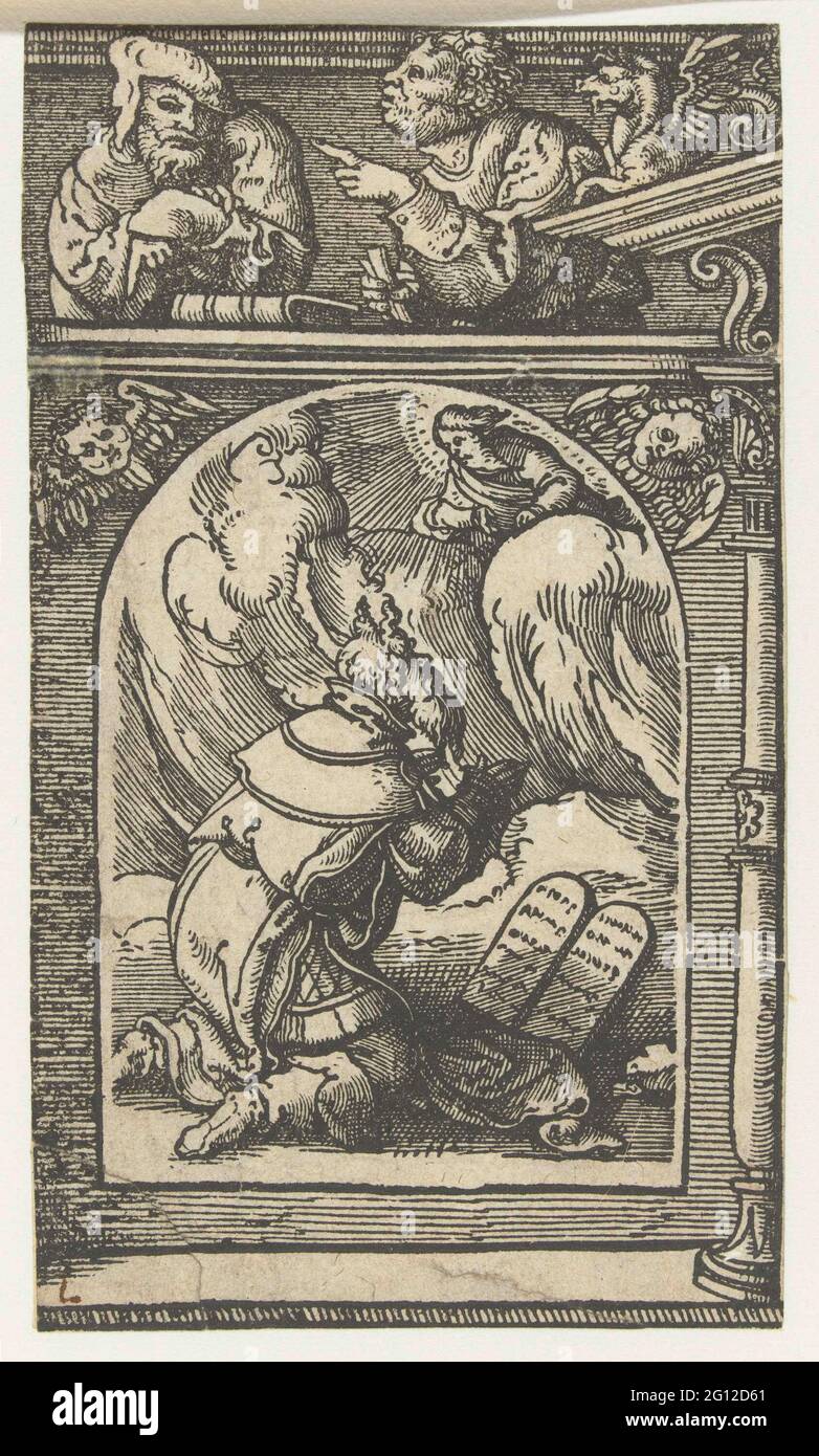 Moses receives the stone tables. Fragment of a leaf from a biblia ...