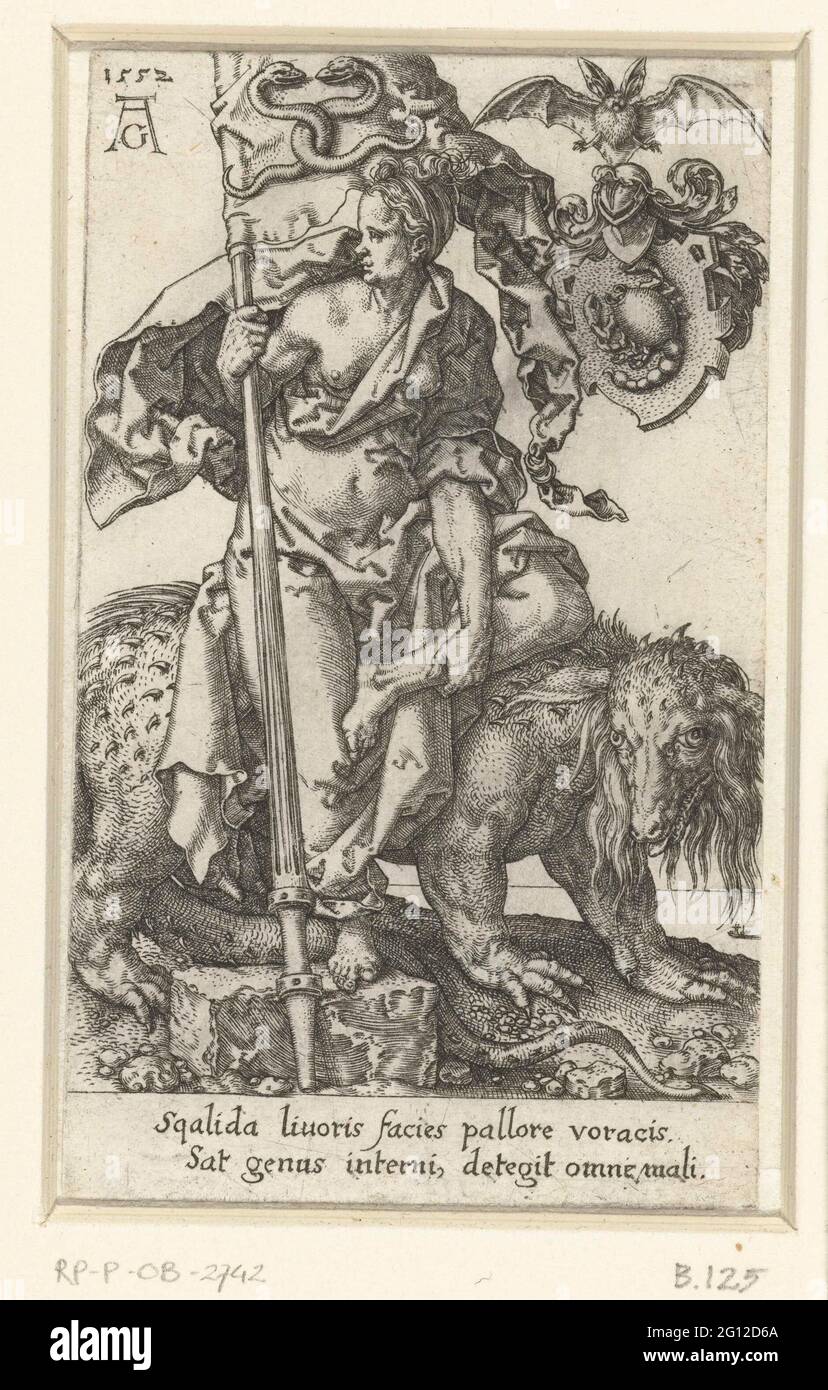 Envy; Seven deadly sins. Personification of envy. Woman sitting on a ...