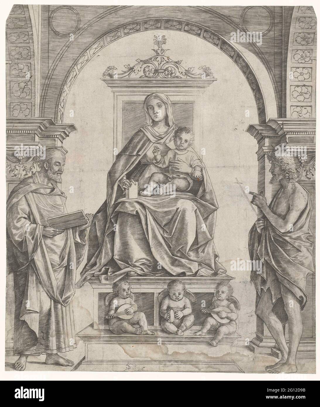 Maria with child sitting on a throne between Petrus and Johannes the ...