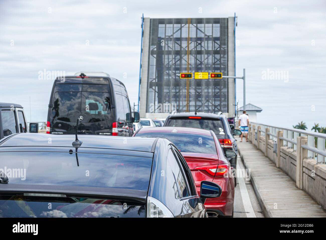 Miami Beach Florida,drawbridge up stopped traffic Biscayne Bay water ...