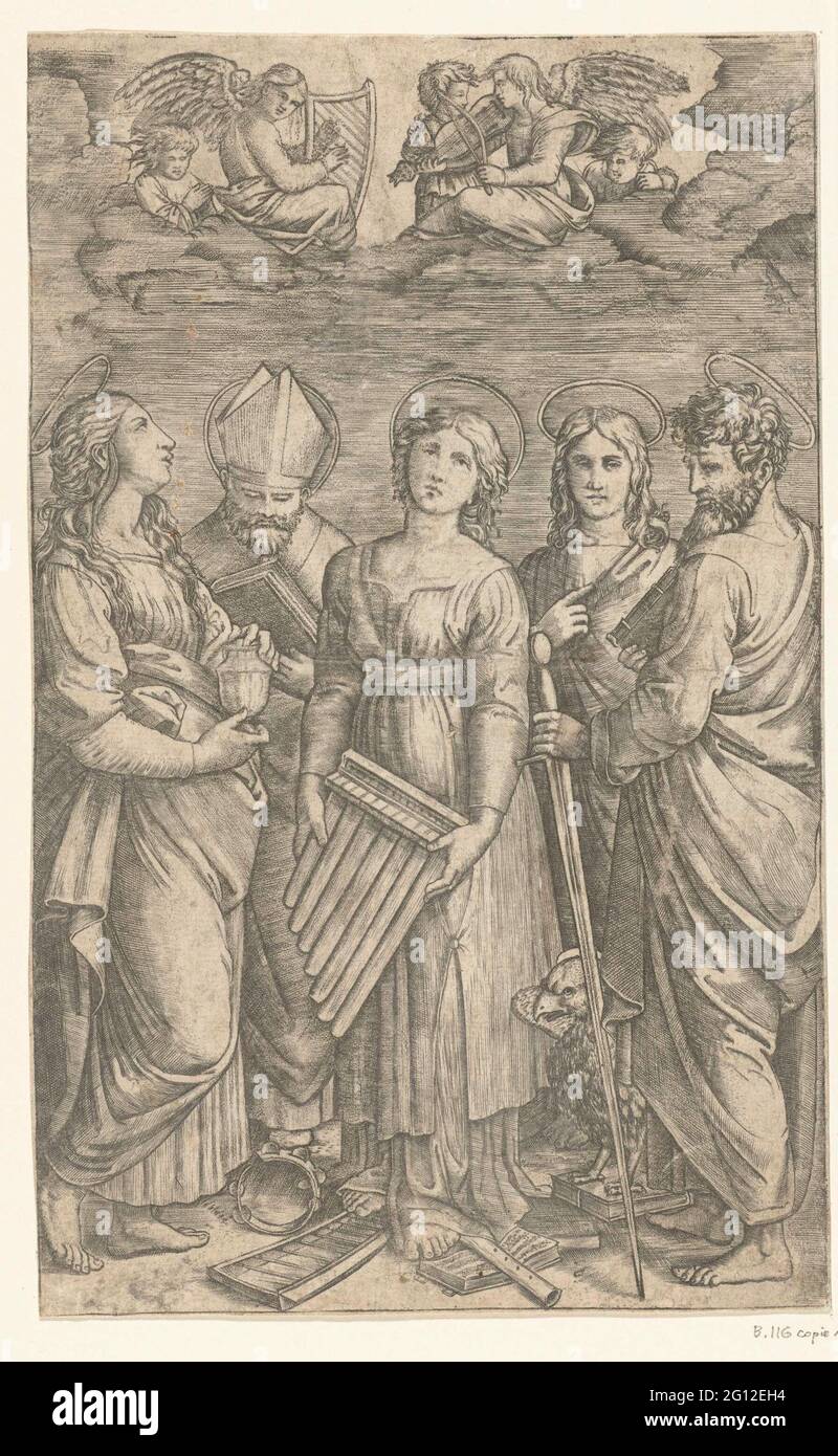 Sacred Cecilia with musical instruments surrounded by four saints ...
