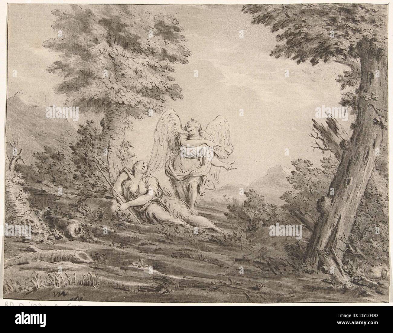 Hagar in the desert. Hagar is on the floor in a mountainous landscape ...
