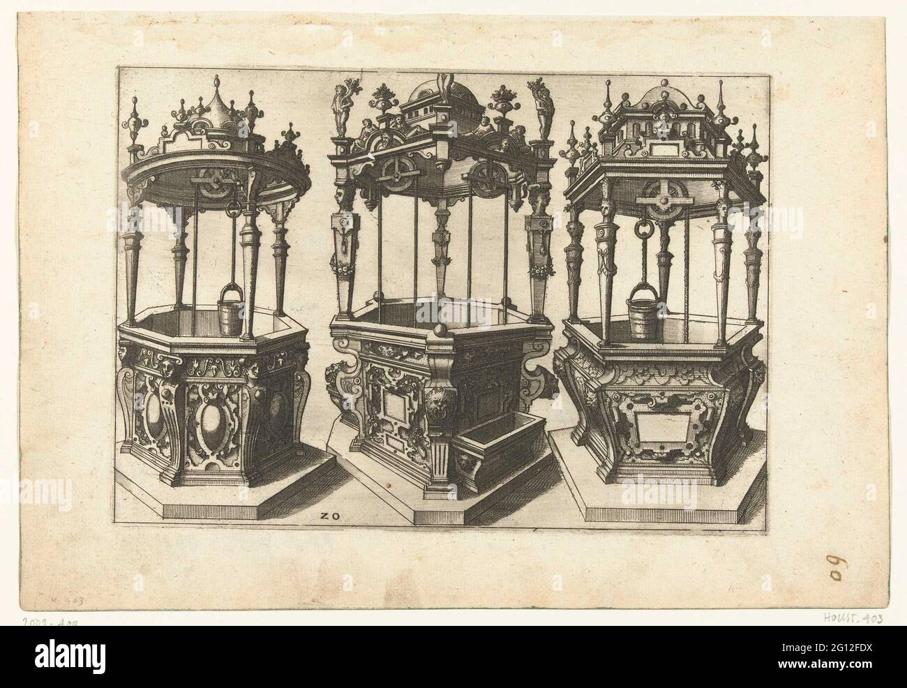Three polygonal wells side by side; Water wells. An octagonal, a ...