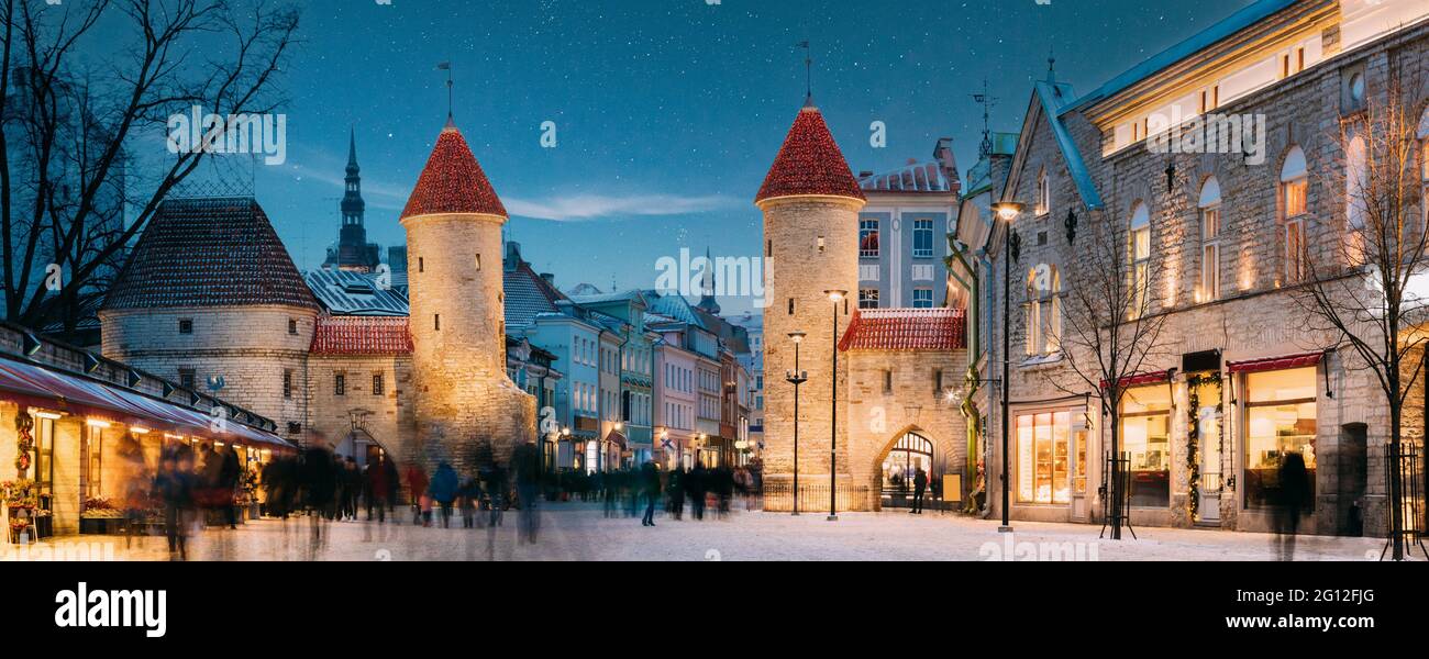 Tallinn, Estonia. Night Starry Sky Above Famous Landmark Viru Gate ...