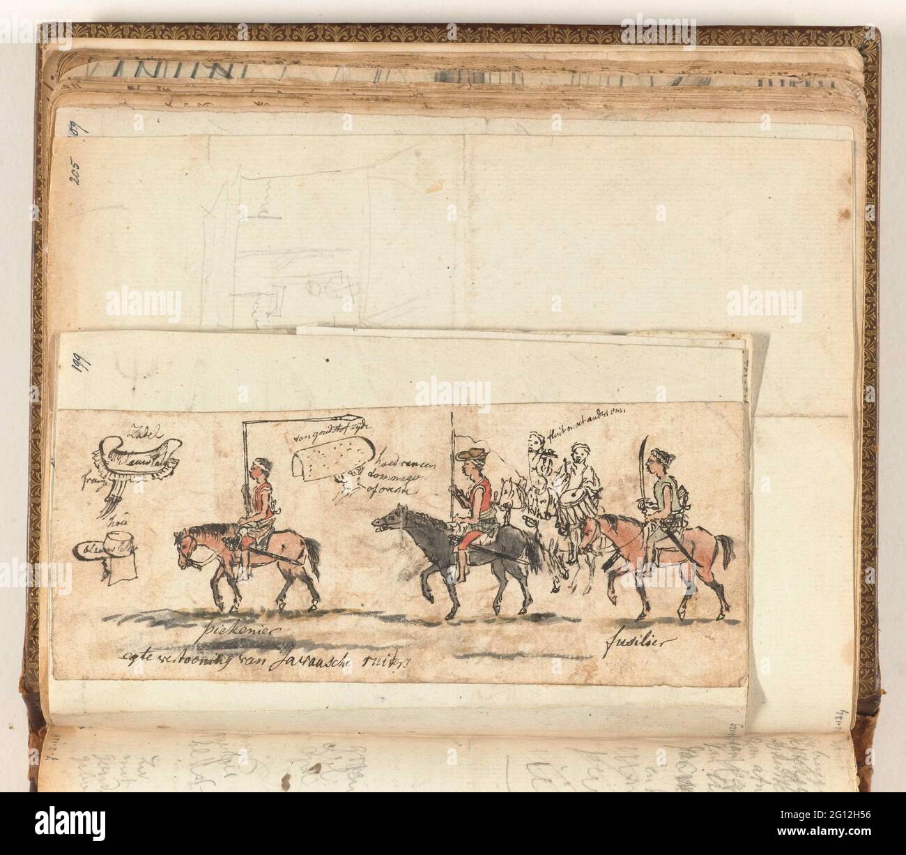 Javanese cavalry. Color drawing and ink drawing of the saddles of and ...