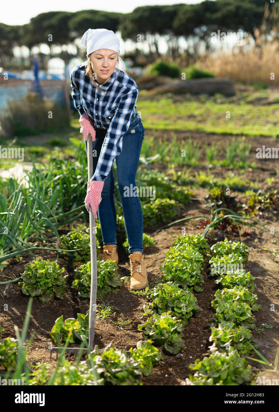 Positive farmer girl with rake in garden beds Stock Photo - Alamy