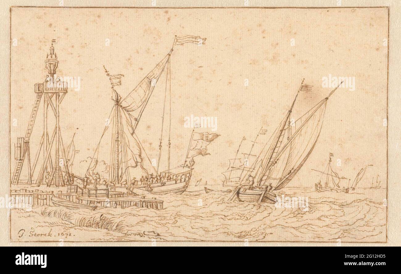 Sailing ships at a jetty with a large lantern Stock Photo - Alamy