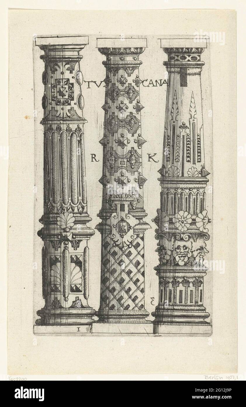 Three Tuscan columns with fantasy decorations; TVScana; Livre D ...