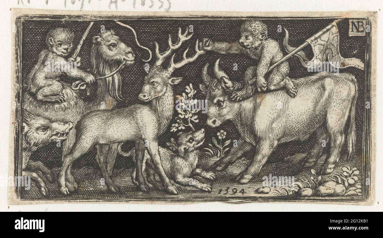 Monkeys sitting on camel and bull with caught deer; Animals from fables ...
