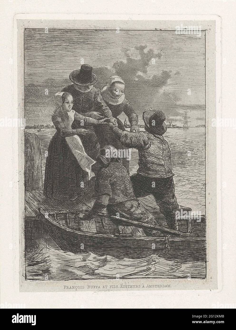 Embarkation. A skipper helps a family of a father, a mother and a ...