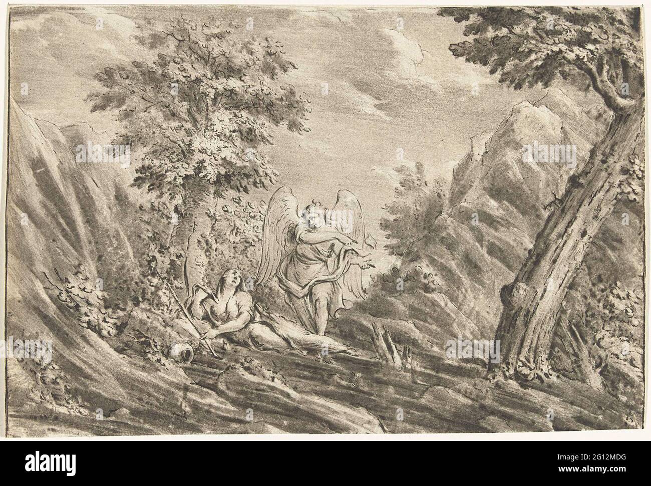 Hagar in the desert. Hagar is on the floor in a mountainous landscape ...