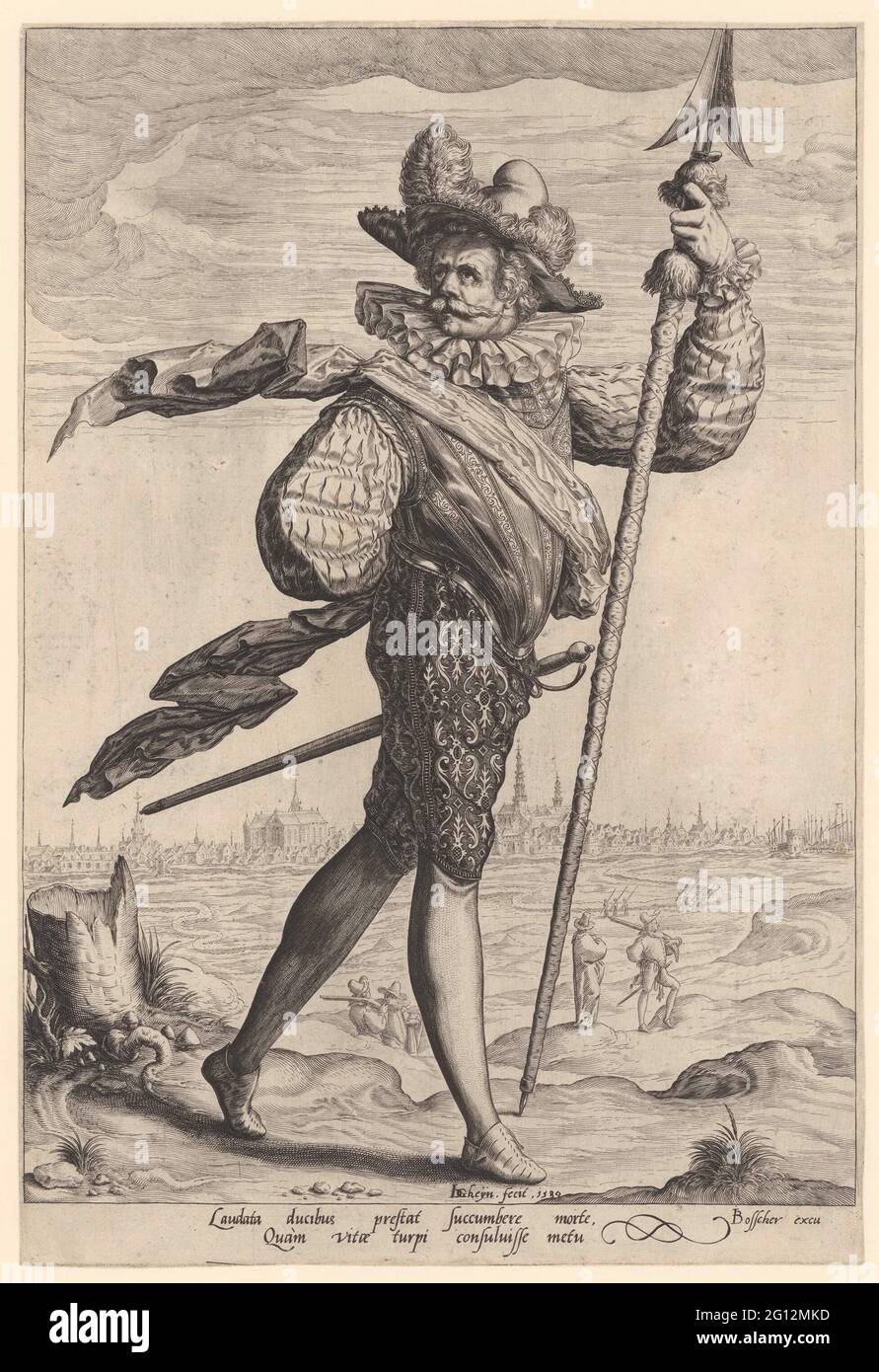 Lieutenant with lance. A man with a lance in the left hand and a sword ...