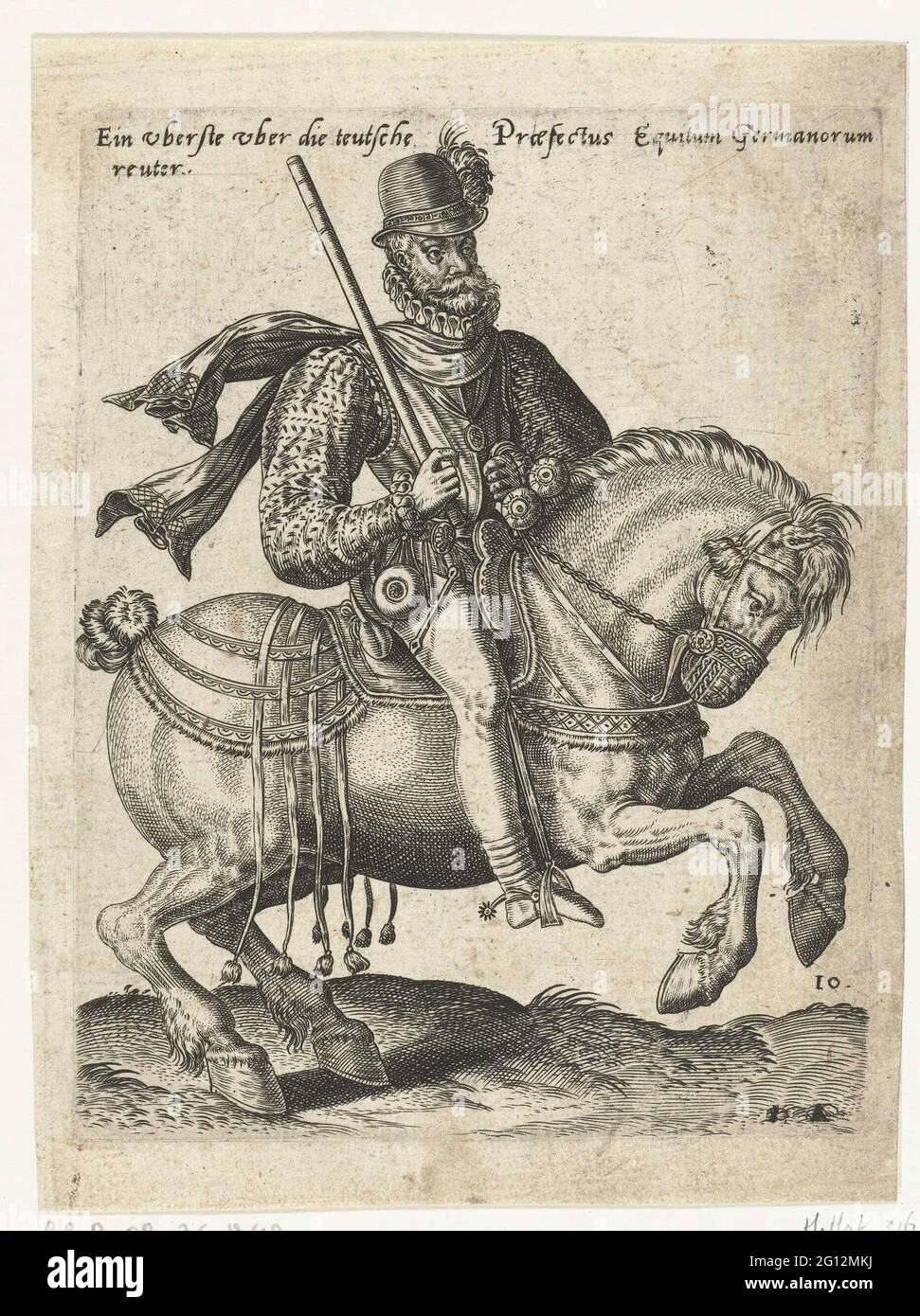 German rider commander. Horse and rider to the right. The horse is ...
