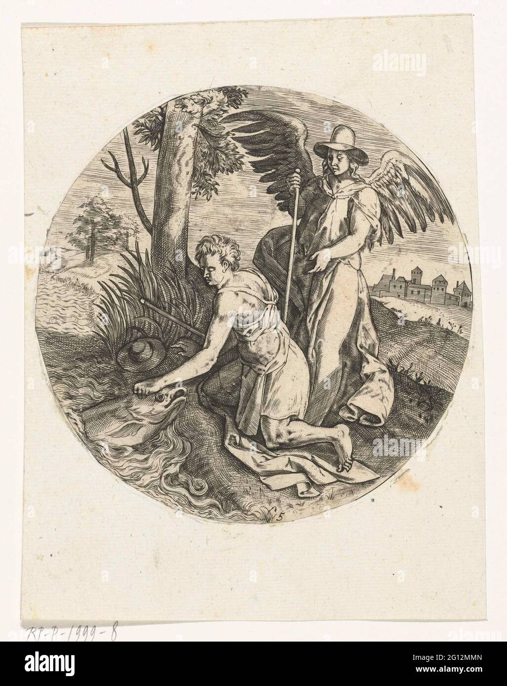 Tobias catches a large fish; Story of Tobias. Tobias is kneeling on the ...