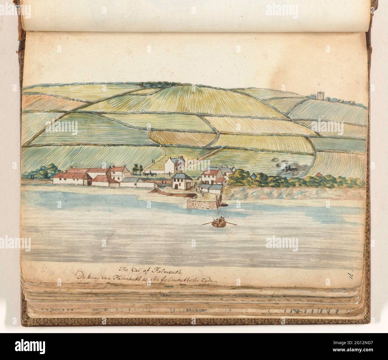 Quay of Falmouth. Color drawing of a quay with houses and sloping ...