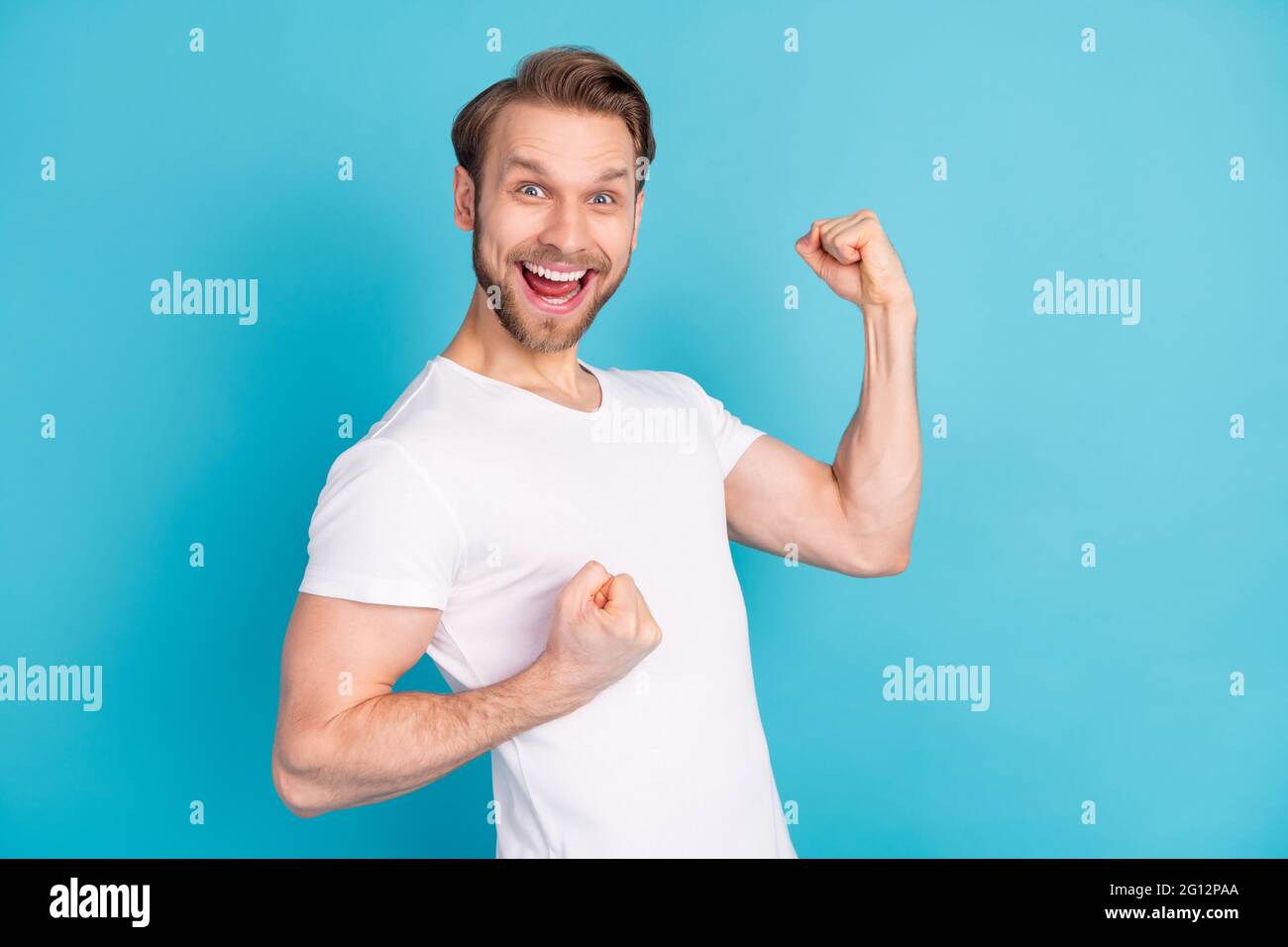 Profile photo of delighted person fists up open mouth celebrate scream ...