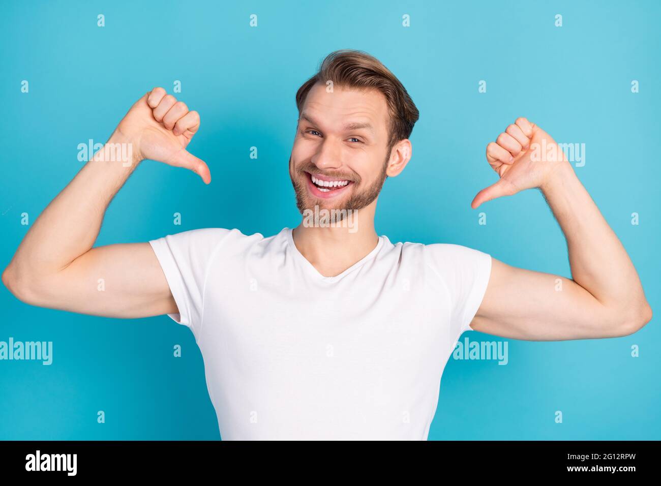 Photo of satisfied young person toothy smile indicate thumbs in self ...