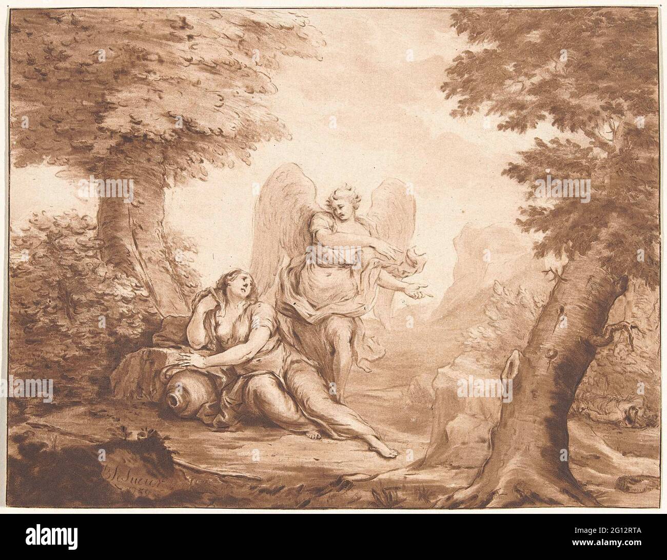 Hagar in the desert. Hagar is on the floor in a mountainous landscape ...