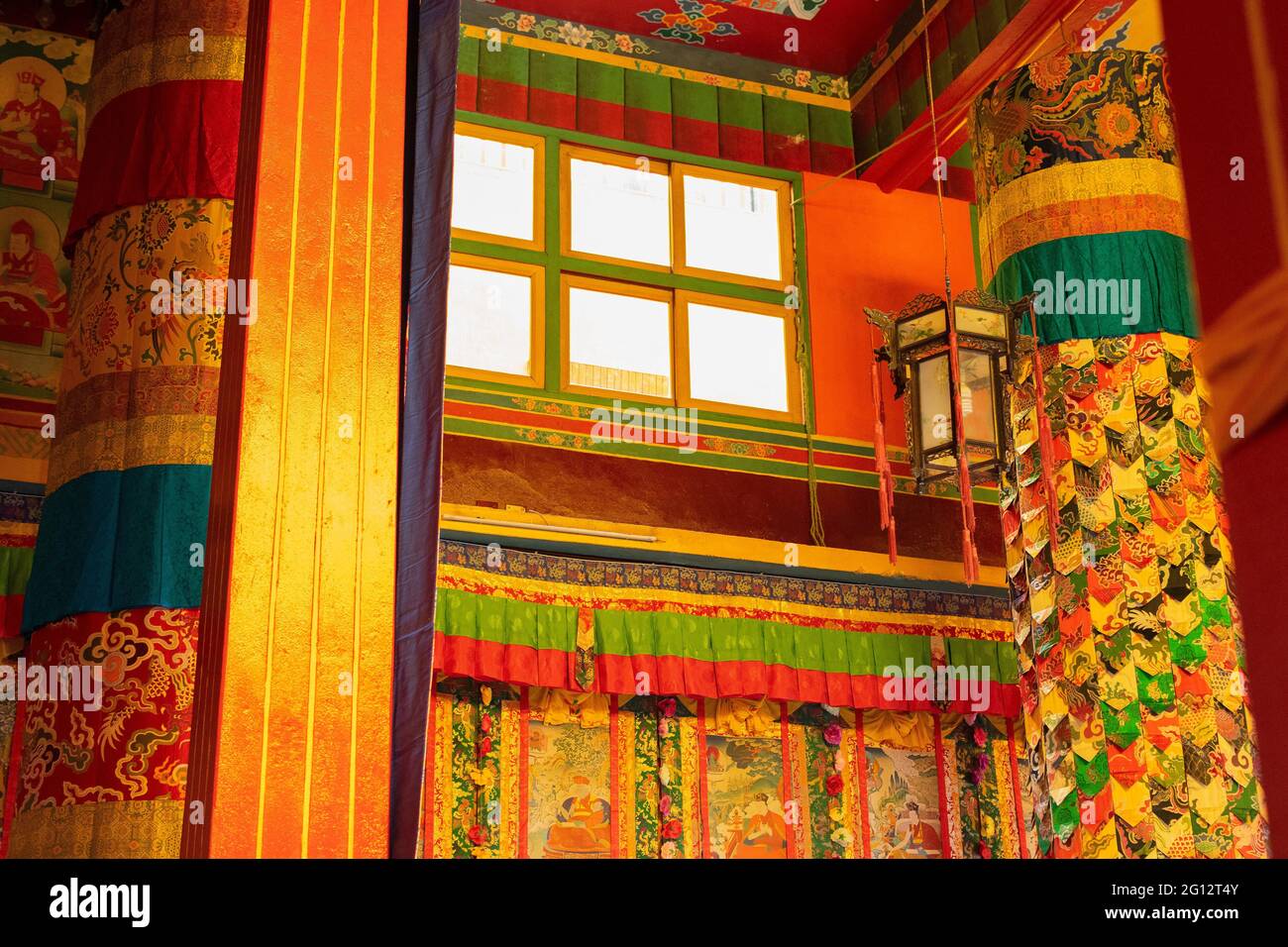 Colourful interior decoration of a Buddhist monastery in Ralong, Sikkim ...