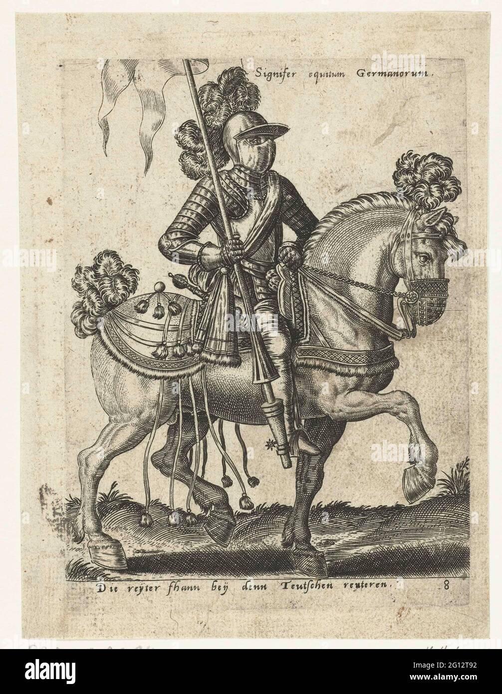 German rider in armor. Horse and rider to the right. The horse is in ...