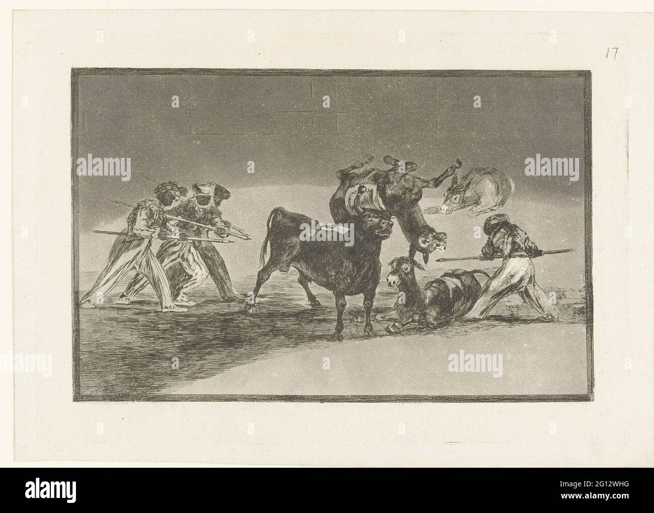 Moors and donkeys in battle with a bull; Palenque de los Moros Hecho ...