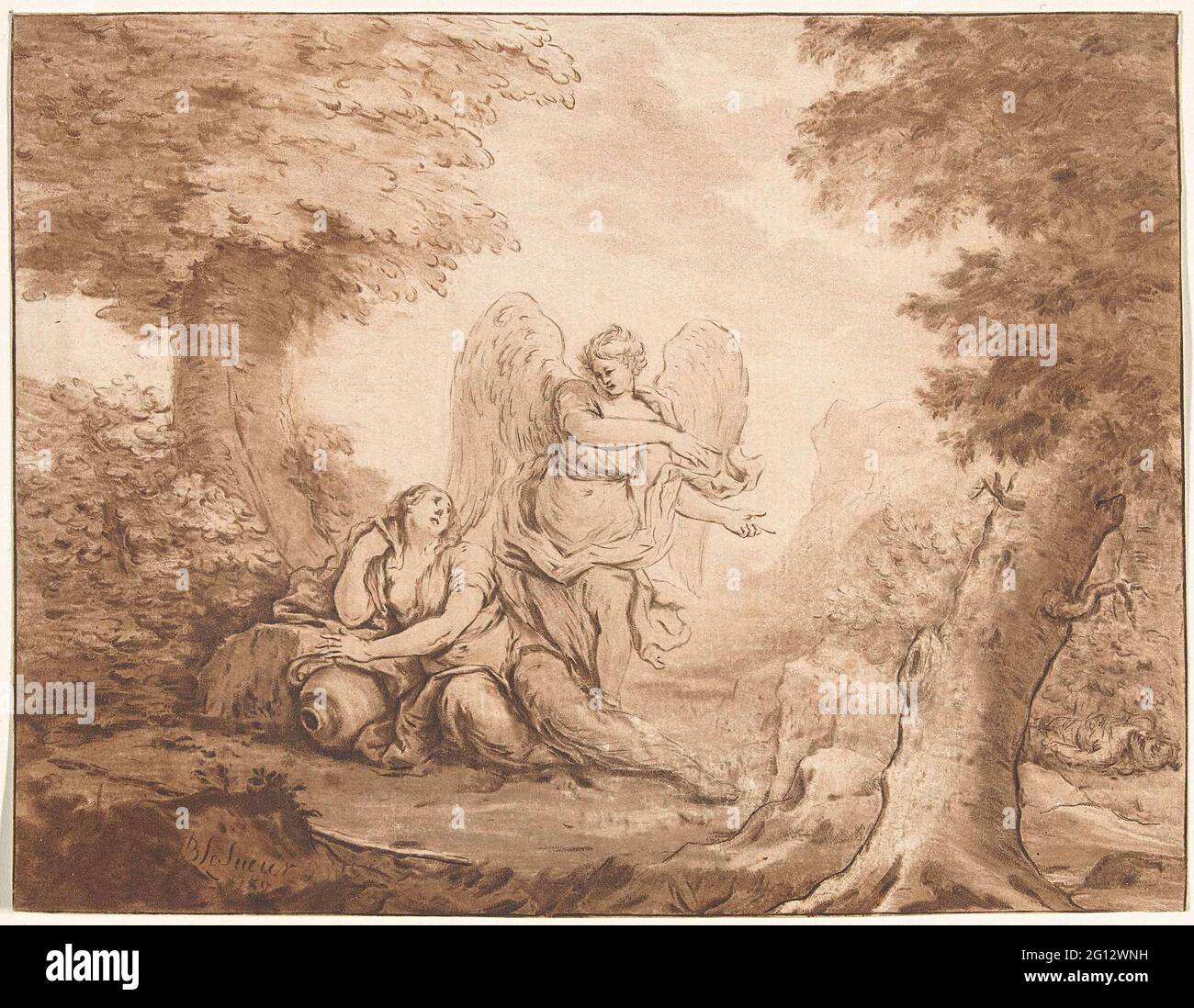 Hagar in the desert. Hagar is on the floor in a mountainous landscape ...