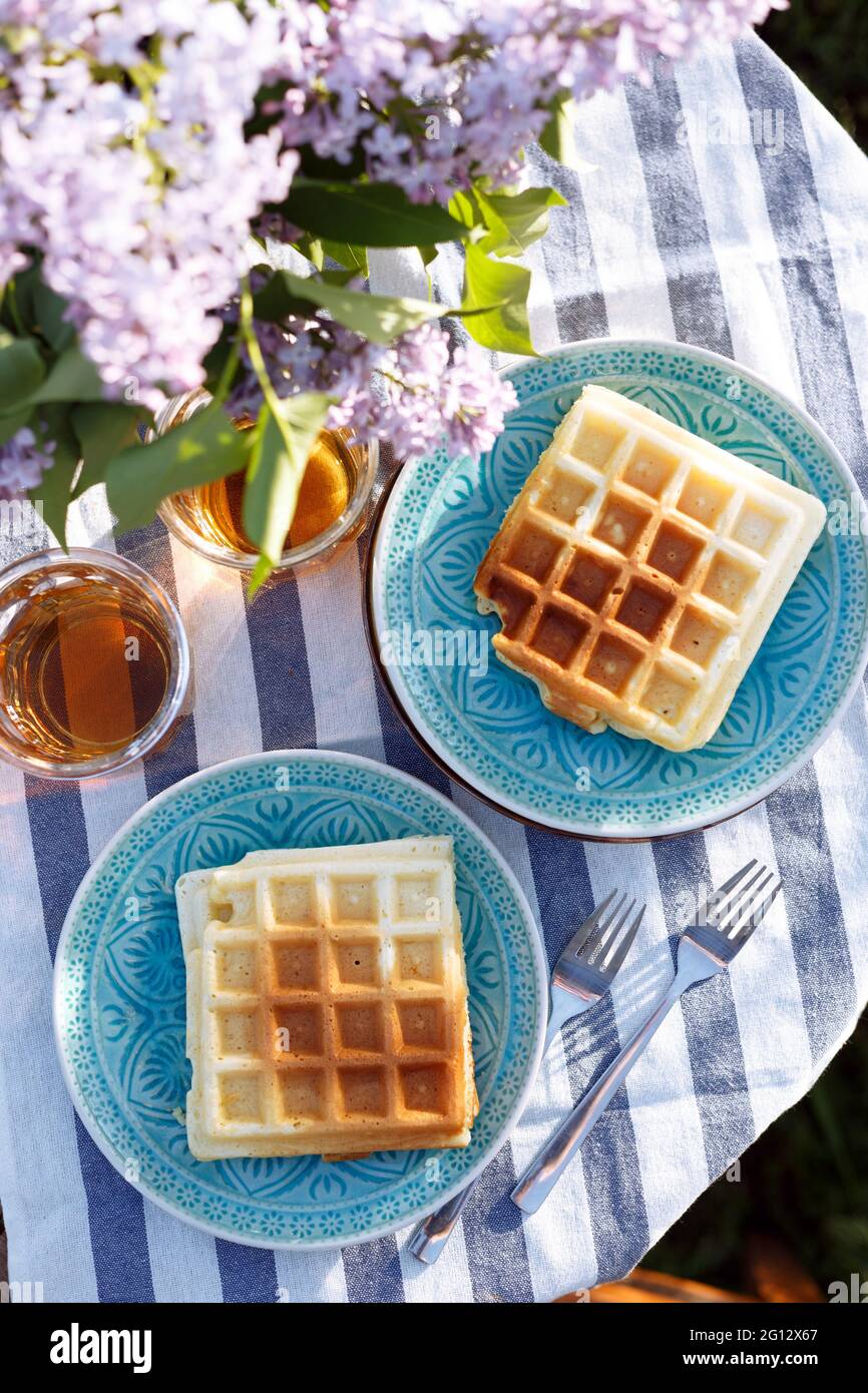 breakfast in the garden - Belgian waffles and cup with tea Stock Photo ...